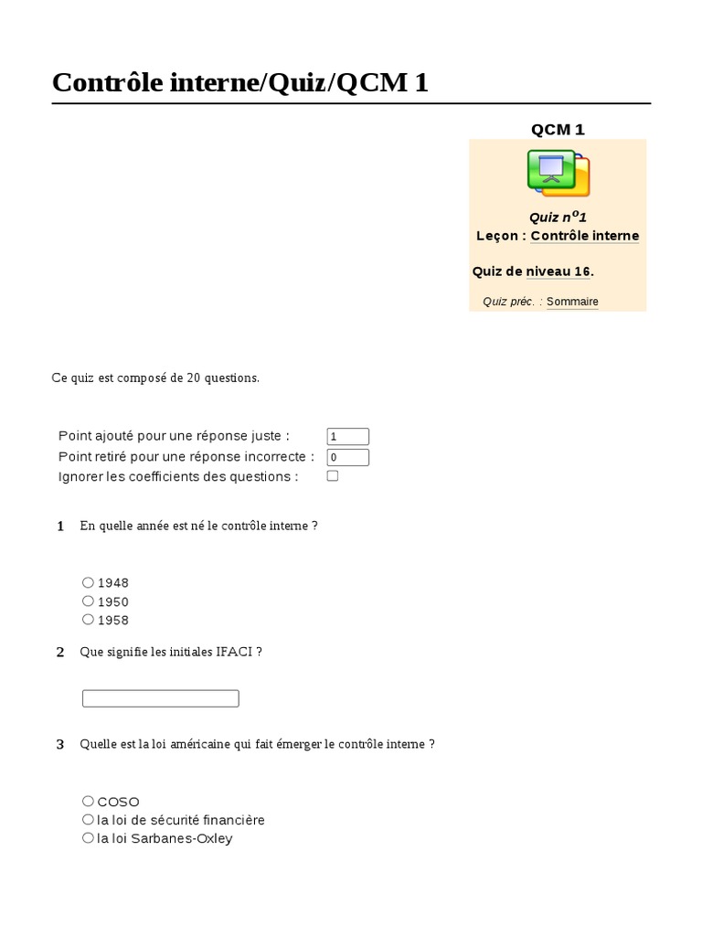 QCM sur le Contrôle Interne et SOX | PDF | Affaires | Ordinateurs