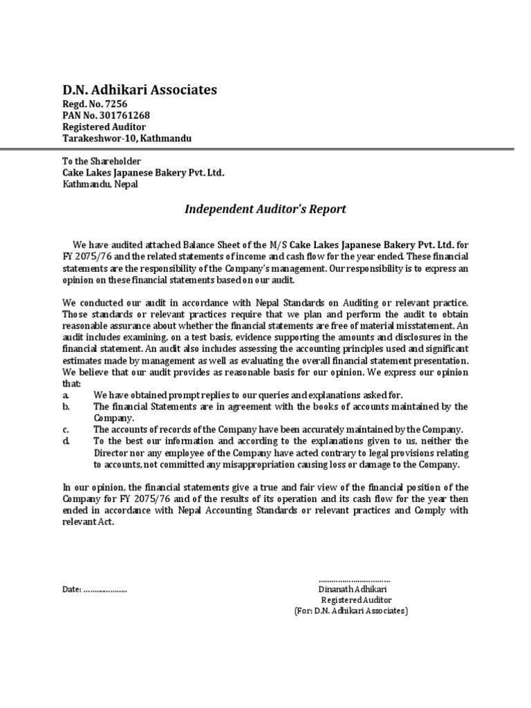 Auditor's Report for Cake Lakes Bakery | PDF | Audit | Financial Statement