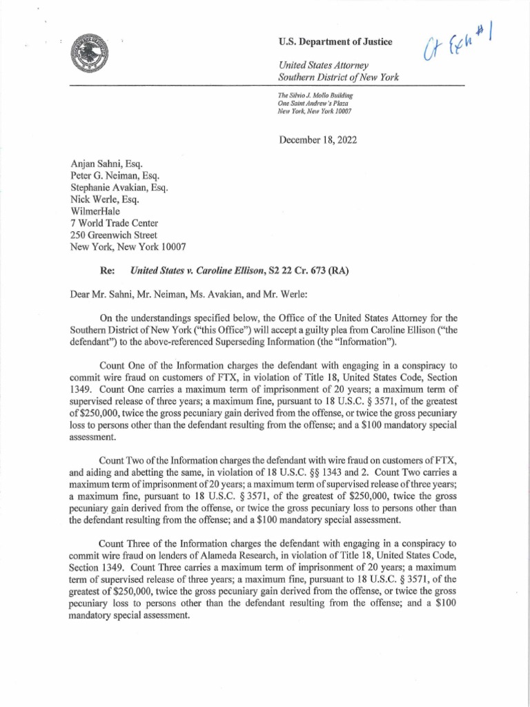 Caroline Ellison Plea Agreement | PDF