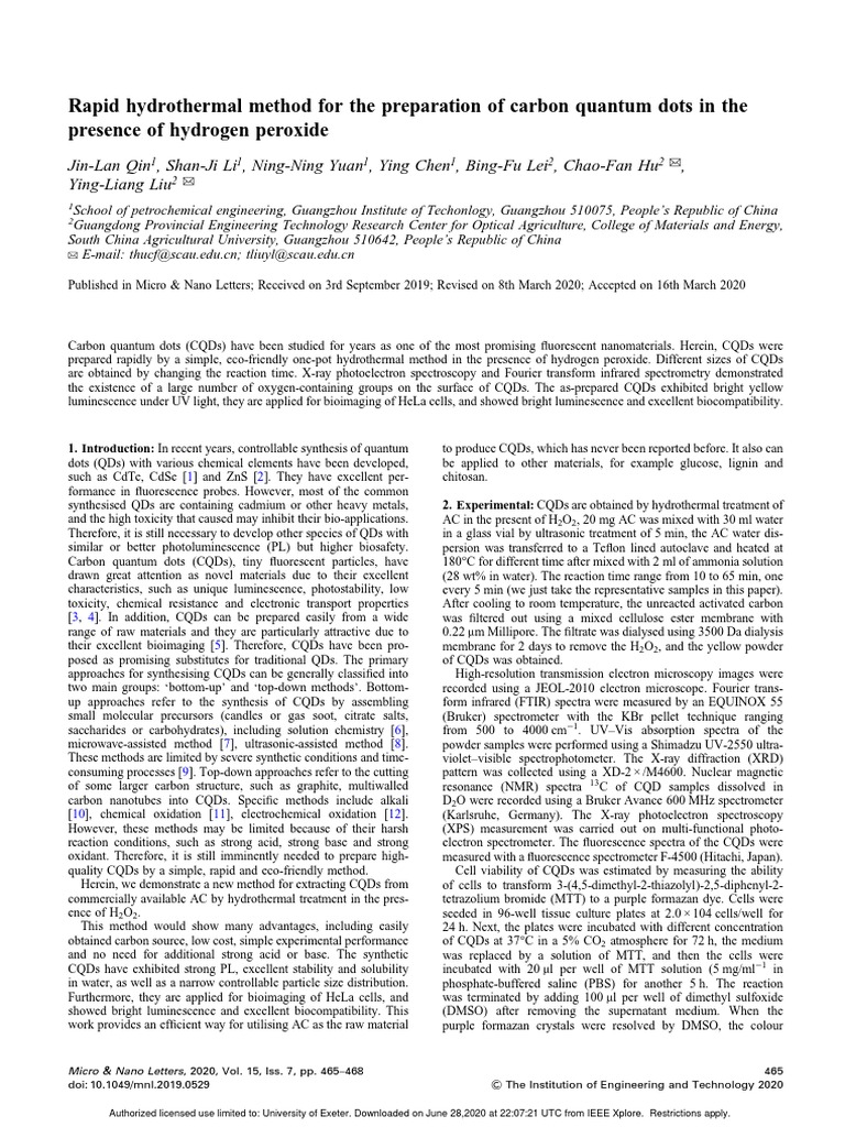 Rapid Hydrothermal Method For The Preparation of Carbon Quantum Dots in ...