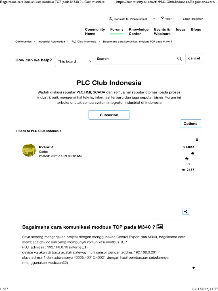 Bagaimana Cara Komunikasi Modbus TCP Pada M340 - Communities | PDF