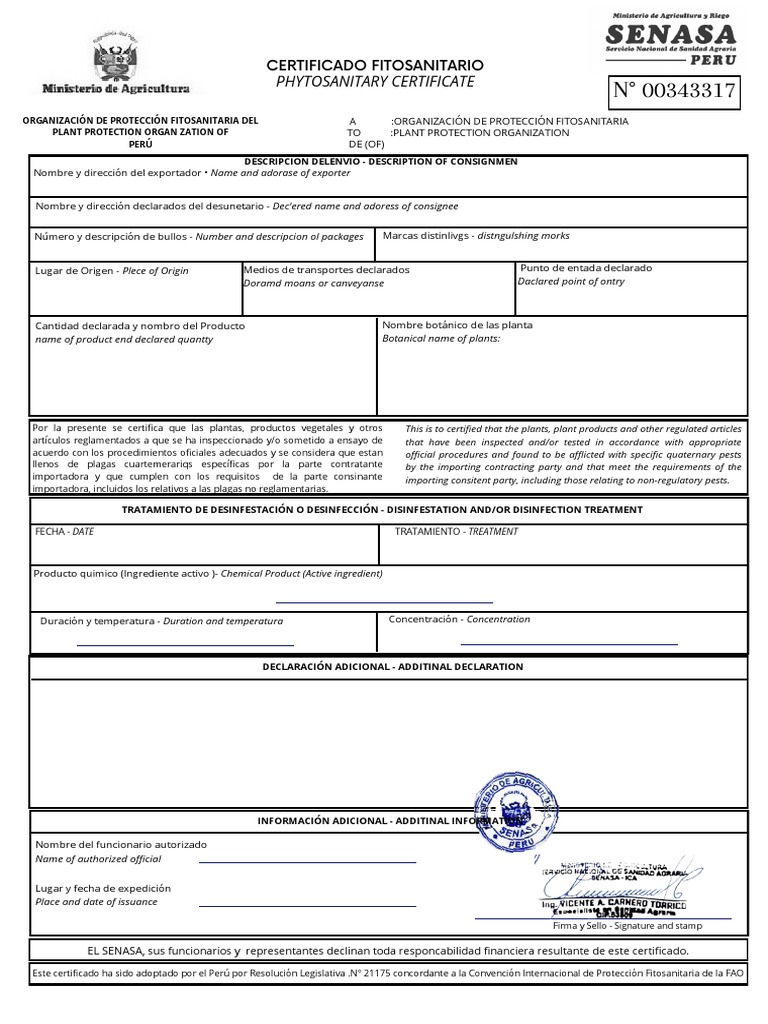 Documento de certificado fitosanitario | PDF