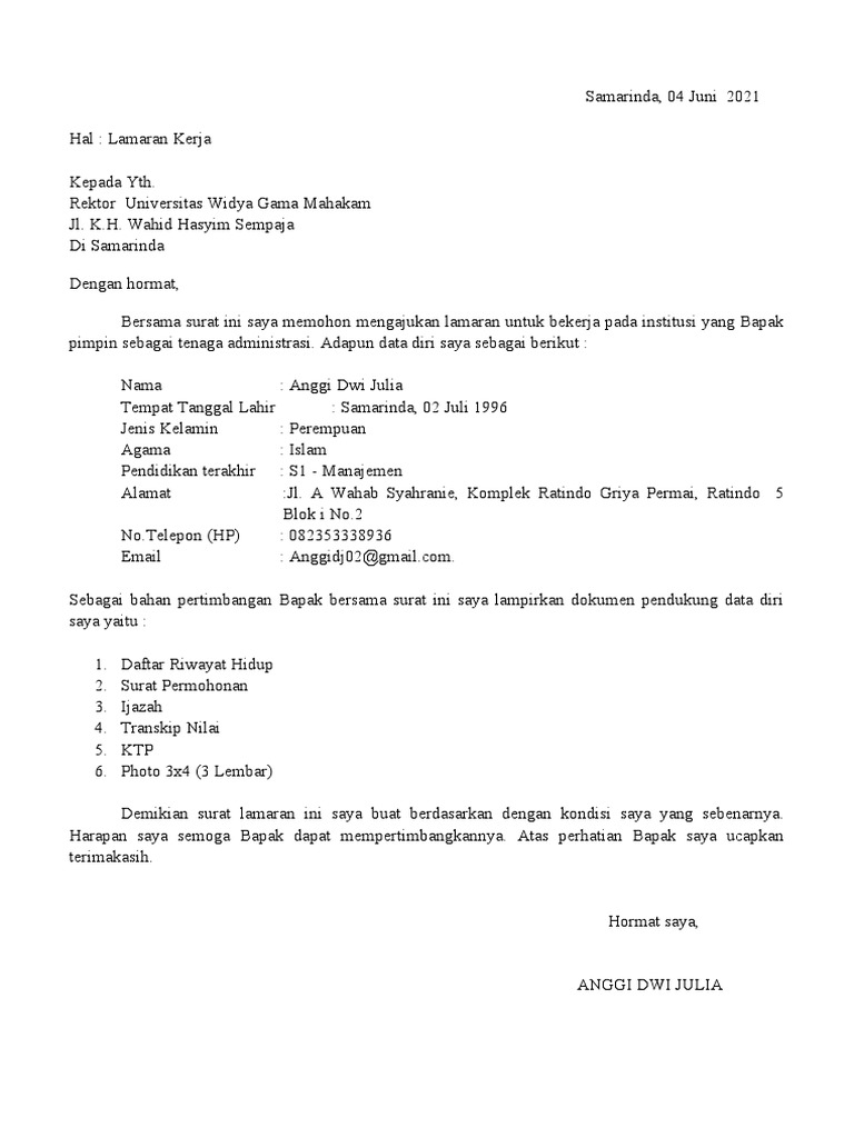 Lamaran Kerja Anggi Dwi Julia | PDF