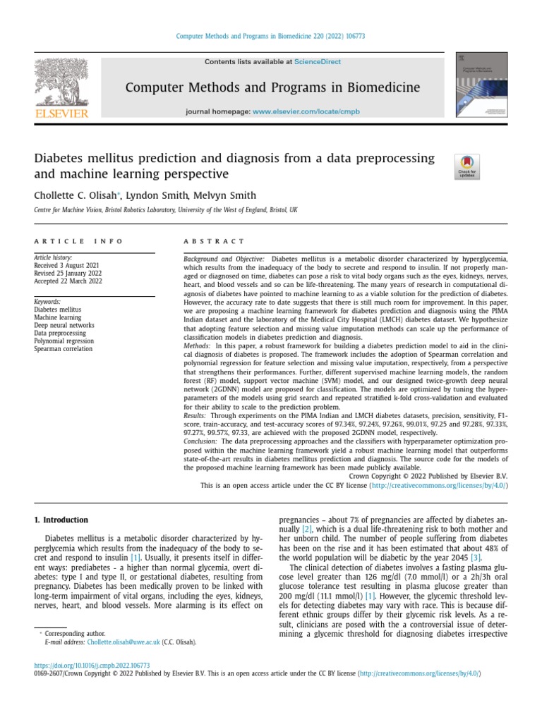 Diabetes Mellitus Prediction and Diagnosis 2022 | PDF | P Value | Deep ...