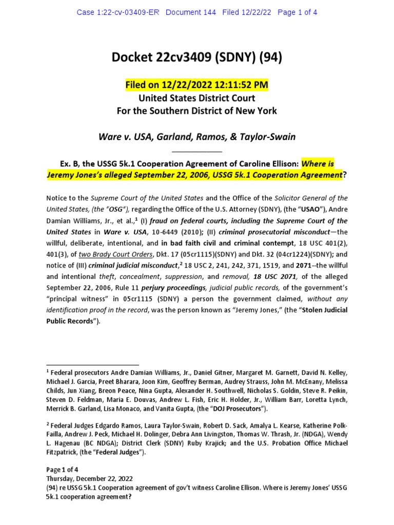 Dkt. 144 Re Caroline Ellison's USSG 5k.1 Cooperation Agreement. | PDF ...