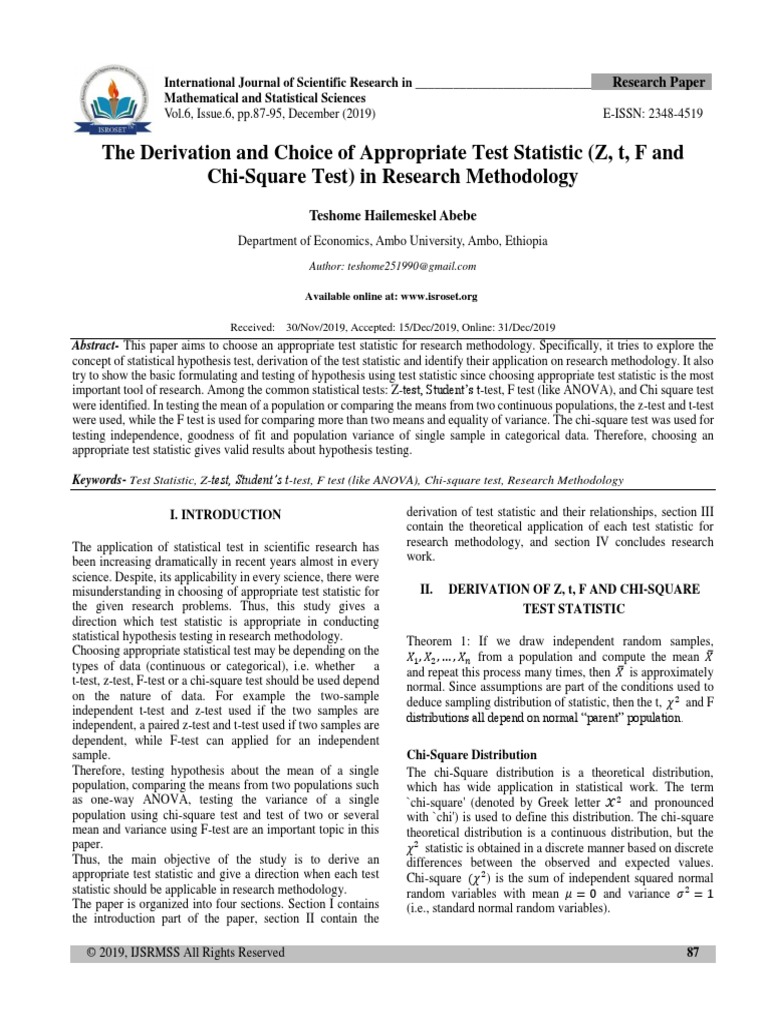 The Derivation and Choice of Appropriate Test Statistic (Z, T, F and ...