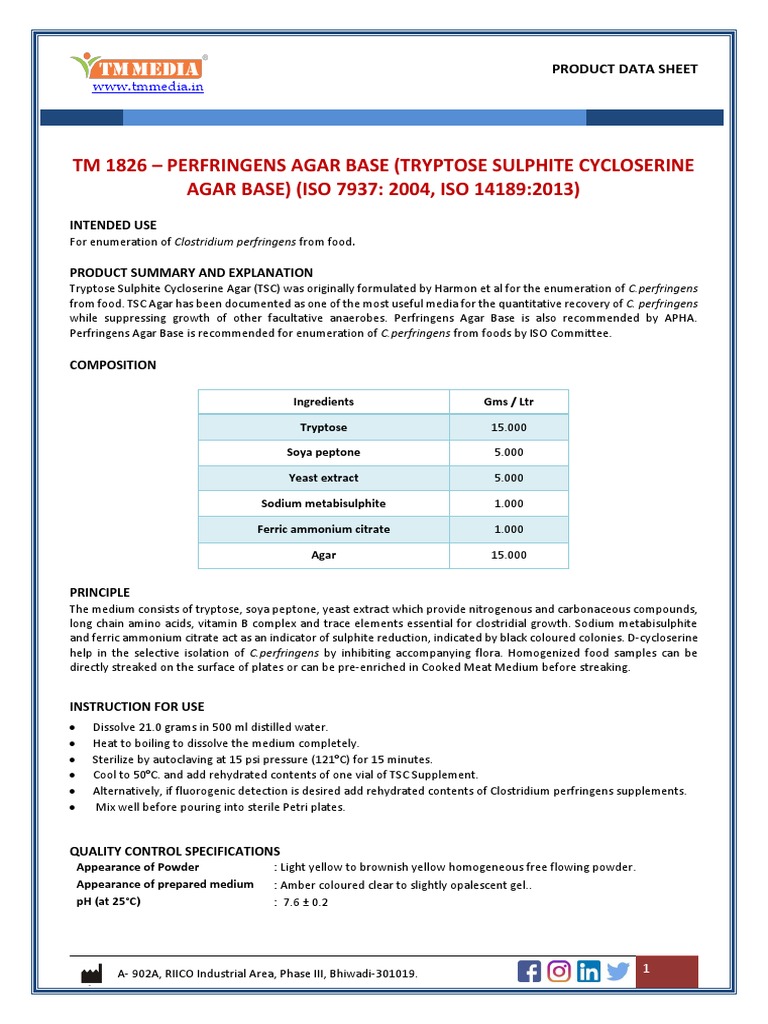 Perfringens Agar Base (Tryptose Sulphite Cycloserine Agar Base) (Iso 7937 2004, Iso 14189 2013 ...