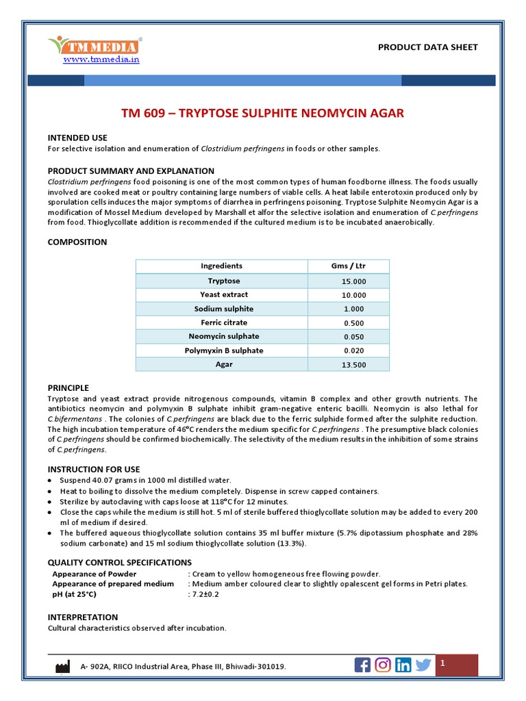 Tryptose Sulphite Neomycin Agar-TD-TM 609 | PDF | Growth Medium | Chemistry