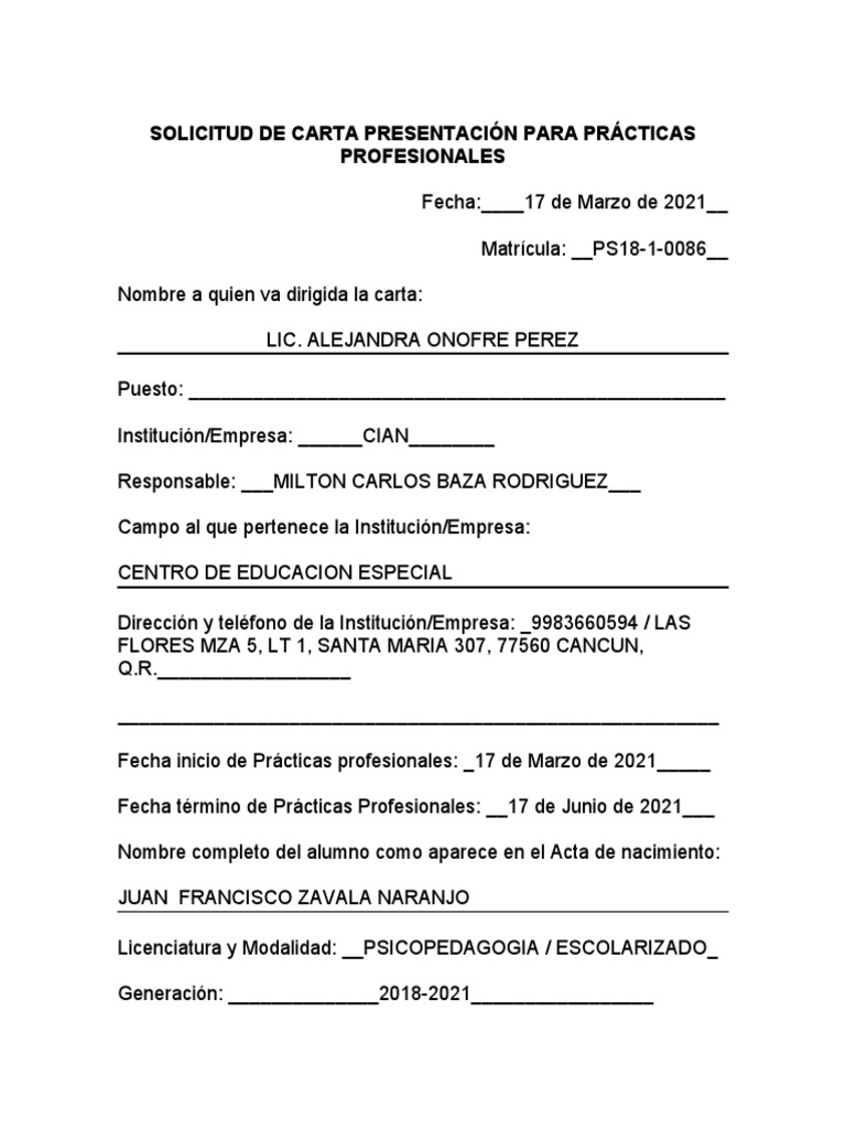 Solicitud Prácticas Profesionales | PDF