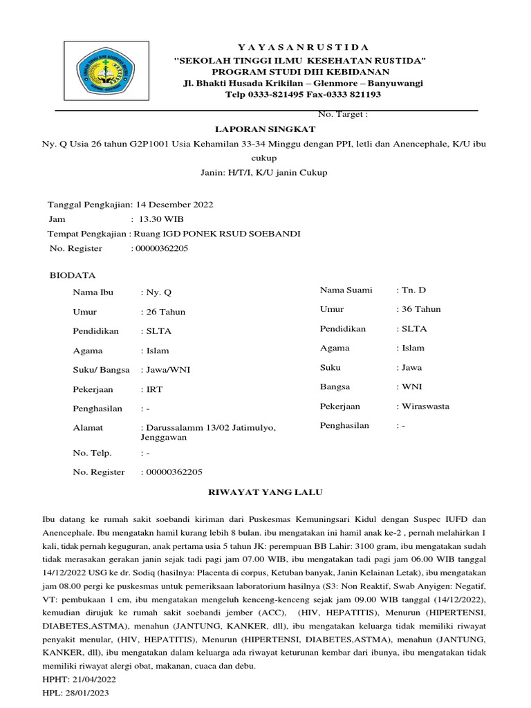 Soap 3 Kehamilan Ny. Qoidatul Hikmah Indikasi Ppi, Letli Dan Anencephale | PDF