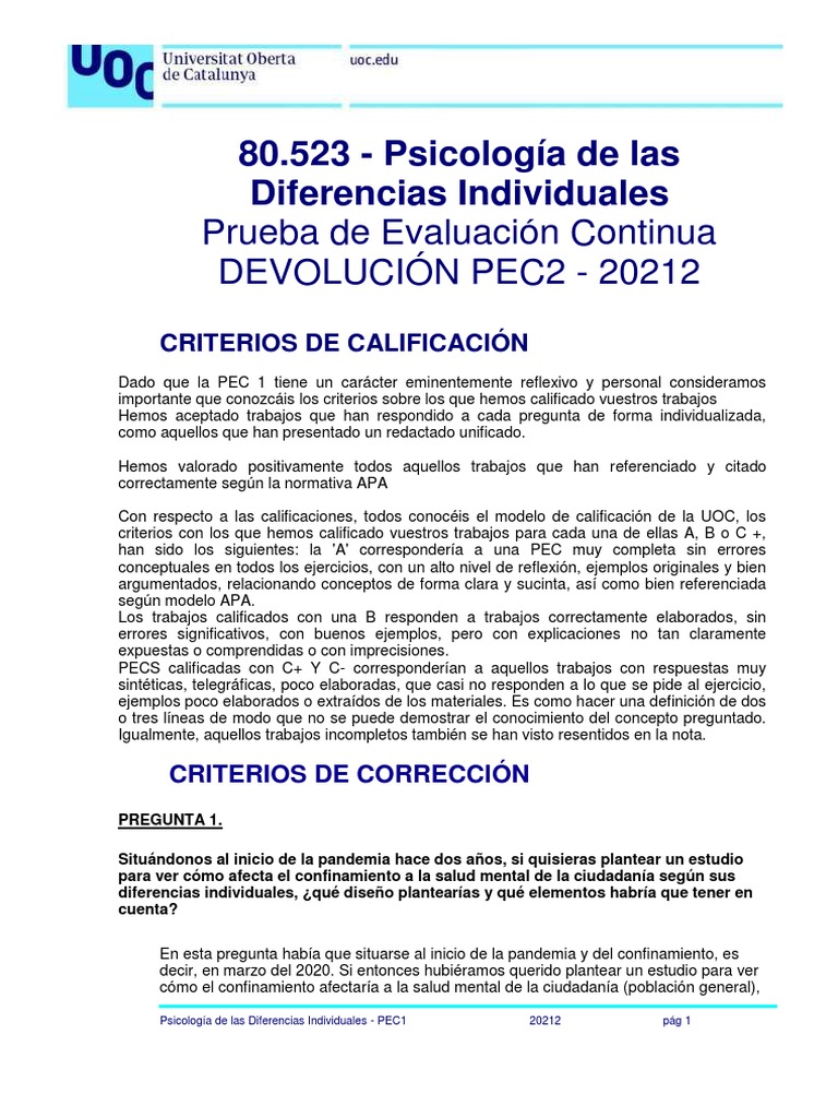 Año 2021 2022 - Devolución - PEC2 Psicología de Las Diferencias Individuales | PDF | Cociente de ...