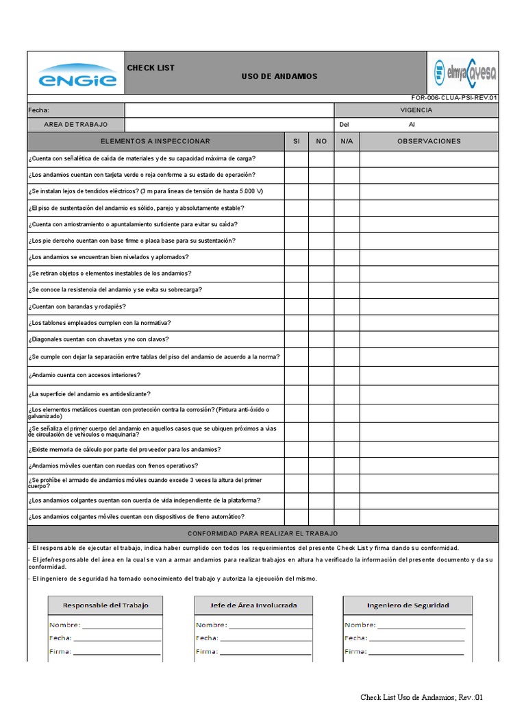 FOR-006-CLUA-PSI Check List Uso de Andamios | PDF | Andamio