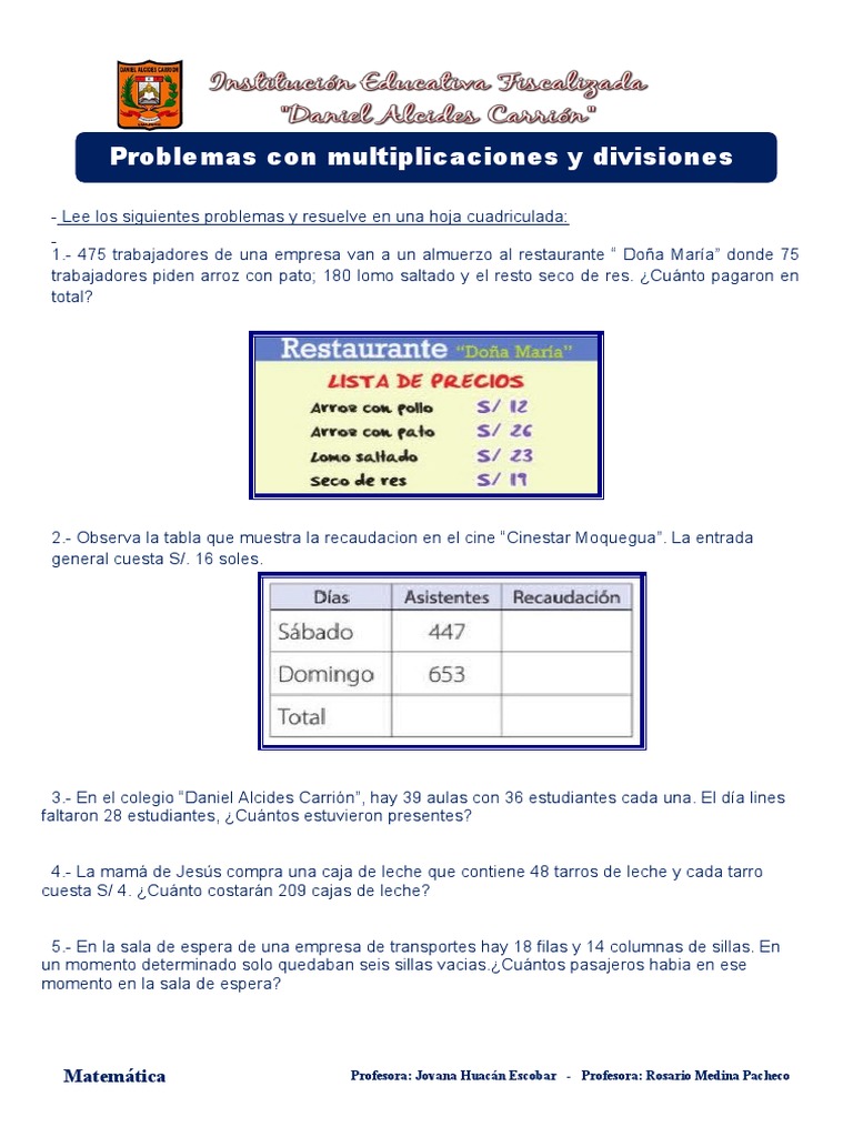 Problemas de Multiplicacion y Divisiones | PDF