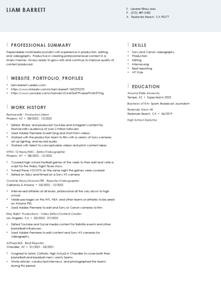 Liam Barrett Official Resume 1 | PDF | Mass Media | Communication
