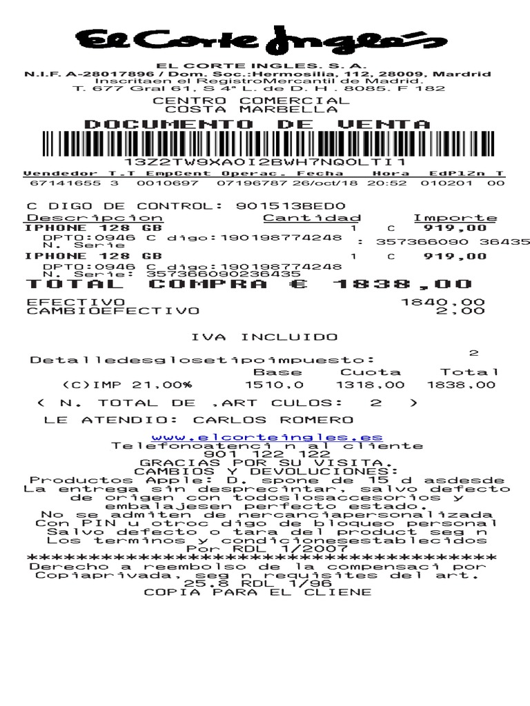 Factura El Corte Inglés A-28017896 | PDF