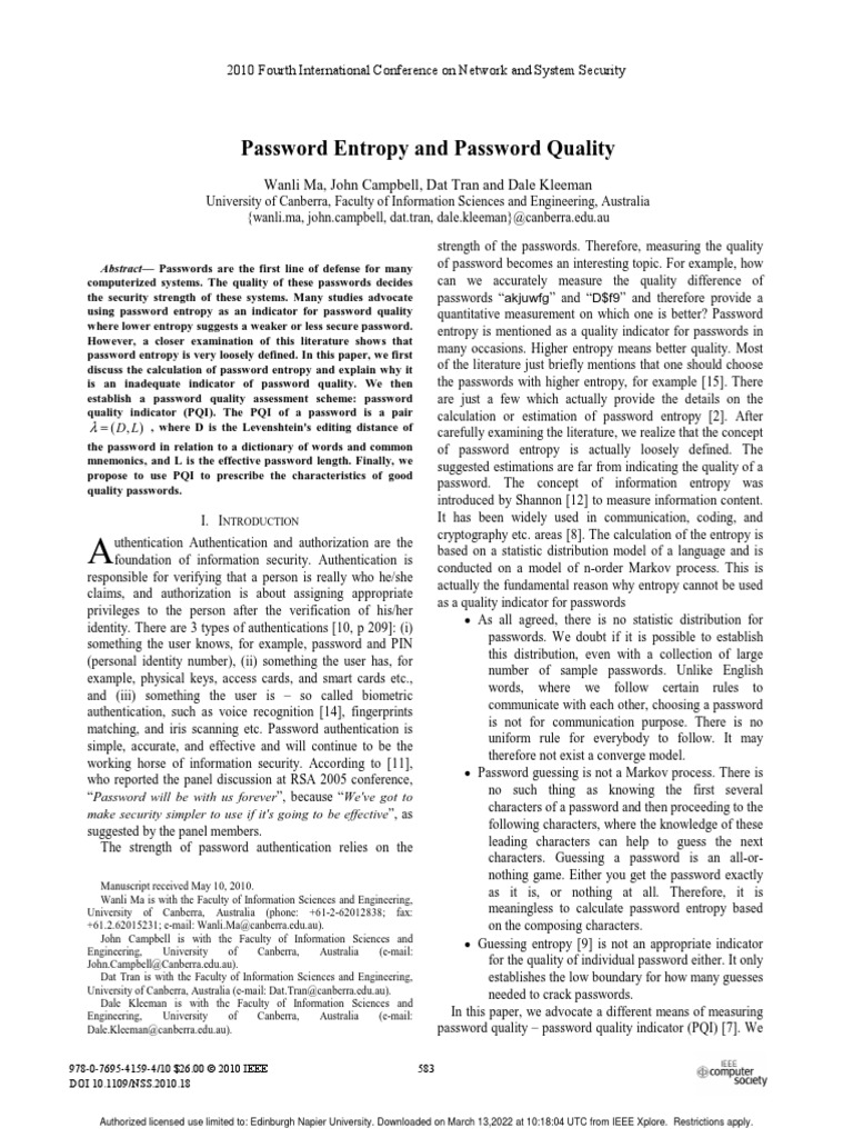 Password Entropy and Password Quality | Download Free PDF | Password ...