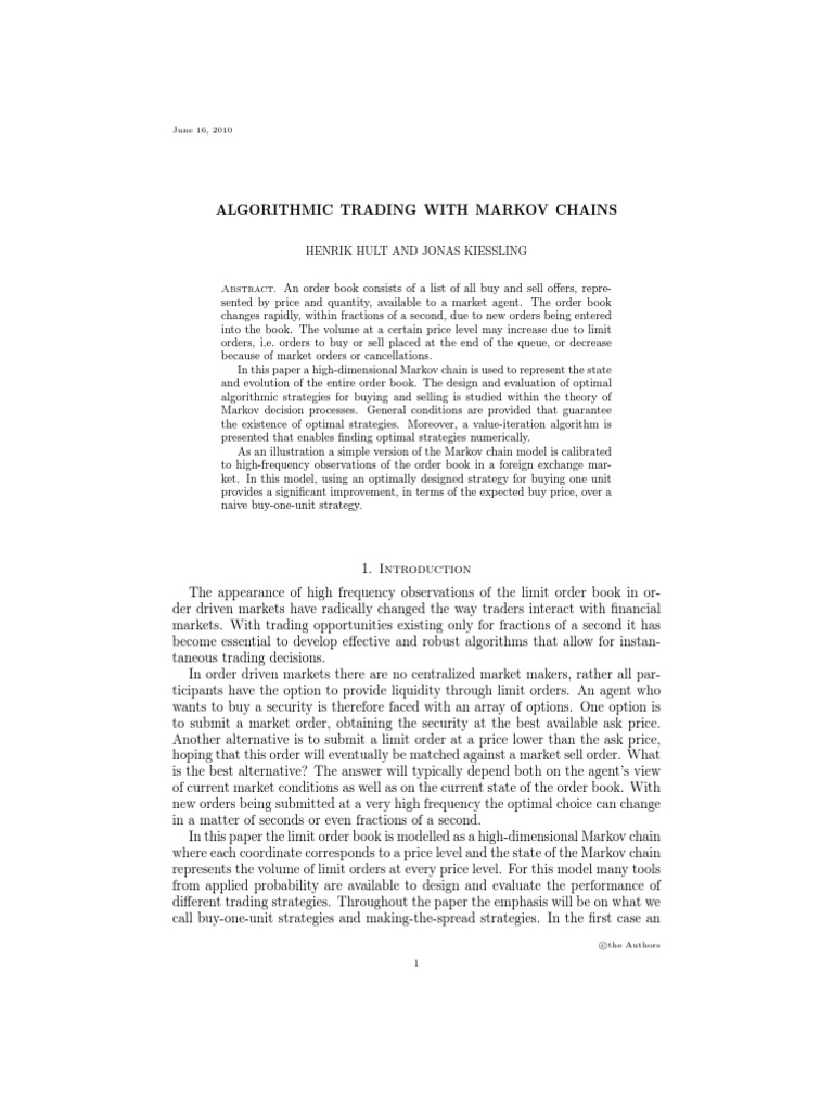 Algorithmic Trading With Markov Chains | PDF | Order (Exchange) | Markov Chain