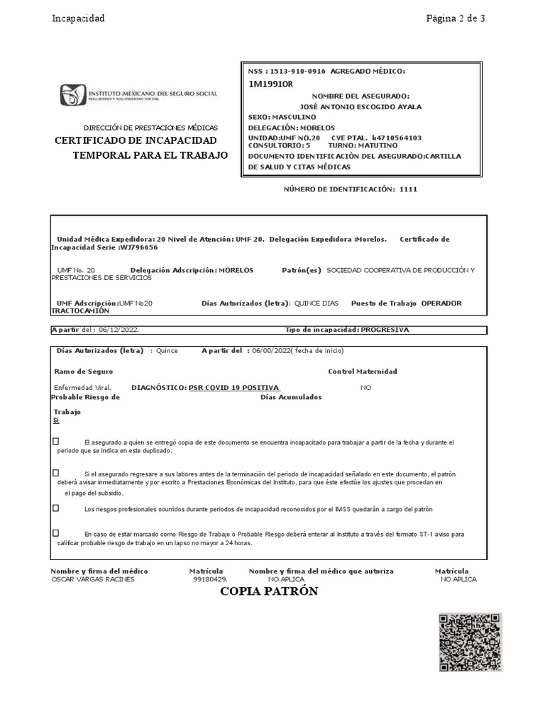 Certificado de Incapacidad Temporal IMSS | PDF | Ciencias de la Salud