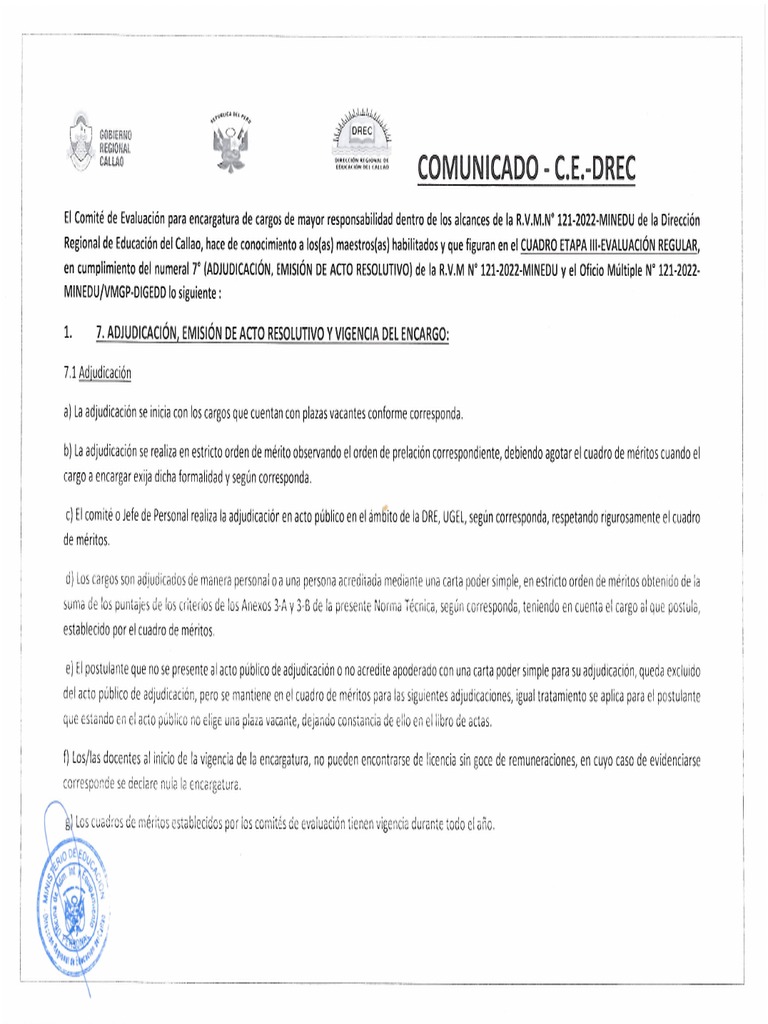 Comunicado Proceso de Adjudicacion Encargatura 2023 Drec | PDF