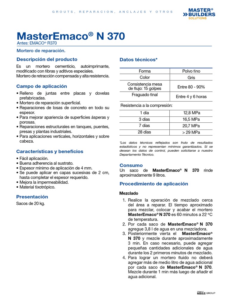 Masteremaco N 370 Ficha Técnica | PDF | Hormigón | Agua