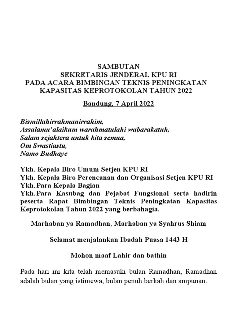 Sambutan Sekjen Pada Bimtek Peningkatan Kapasitas Keprotokolan Tahun 2022 | PDF | Bisnis
