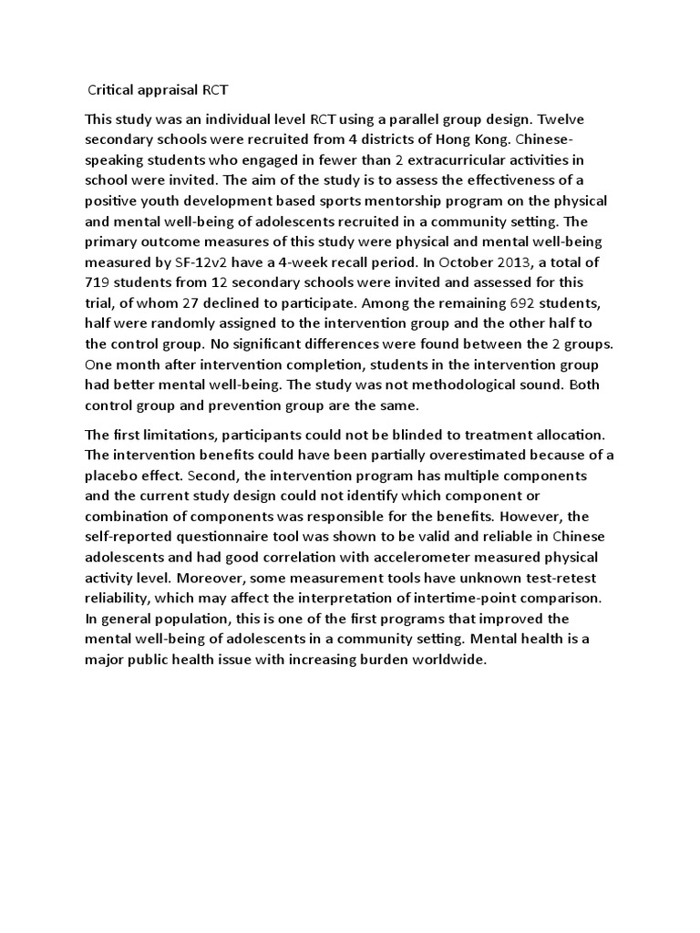 Essay Critical Appraisal RCT 300 | PDF