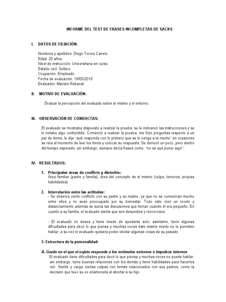 INFORME DE TEST DE SACKS - ADULTOS Diego | PDF | Soledad | Las emociones