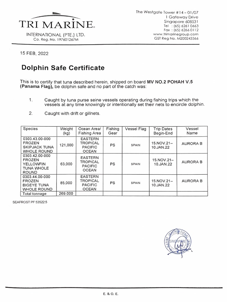 22-9009 (s22060) MV No. 2 Pohah Seafrost Aurora B - Dolphin Safe (Etp ...