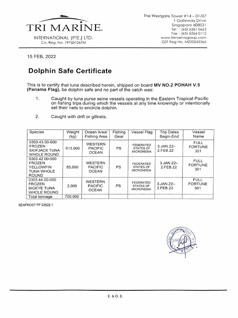 22-9009 (s22061) MV No. 2 Pohah Seafrost FV Full Fortune 301 - Dolphin ...