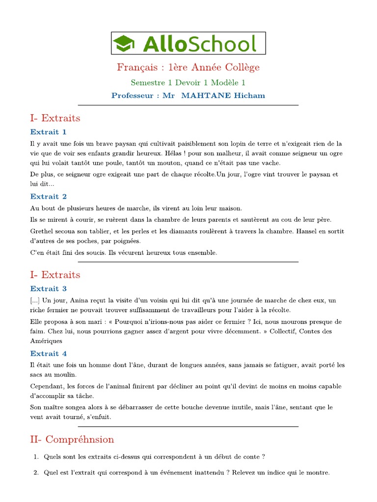 Francais 1ac Semestre 1 Devoir 1 Modele 1 Pdf
