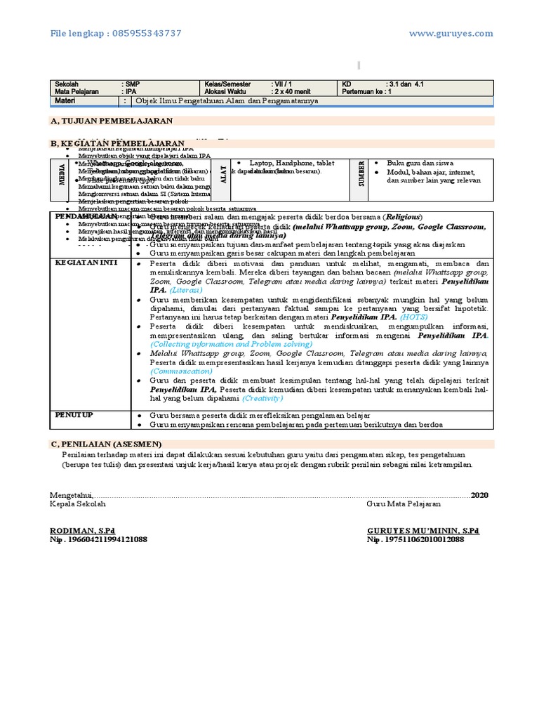 RPP Daring Ipa Kelas 7 Full | PDF