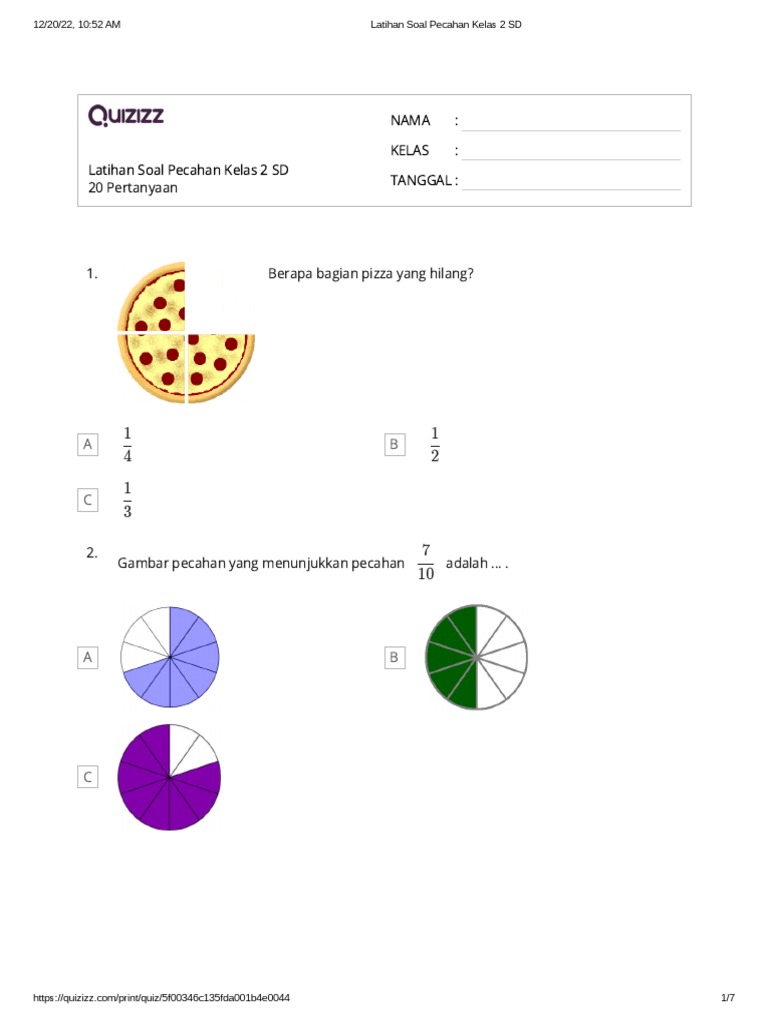 Kunci Latihan Soal Pecahan Kelas 2 SD | PDF