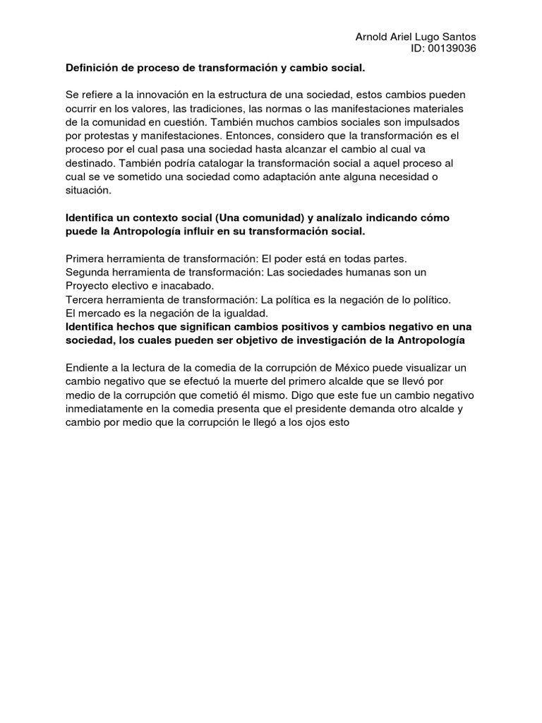Lugo Santos-Arnold Ariel-Antropología Transformado Social | PDF
