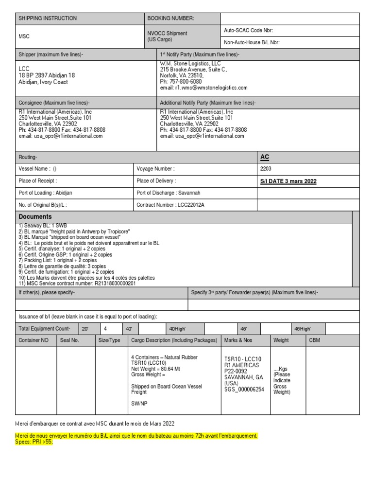 LCC Shipping Instructions for MSC Cargo | PDF | Cargo | Freight Transport
