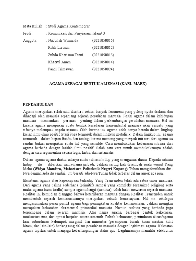 Agama sebagai Alienasi Menurut Marx | PDF | Agama & Spiritualitas