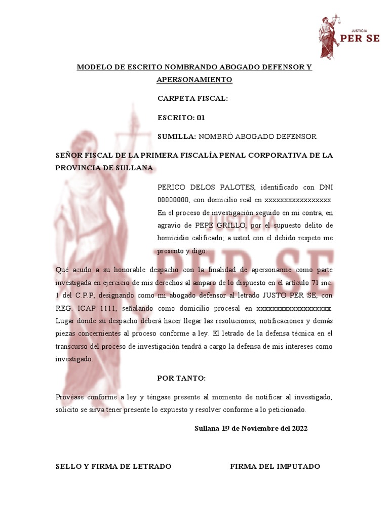 1modelo de Escrito Nombrando Abogado Defensor y Apersonamiento | PDF