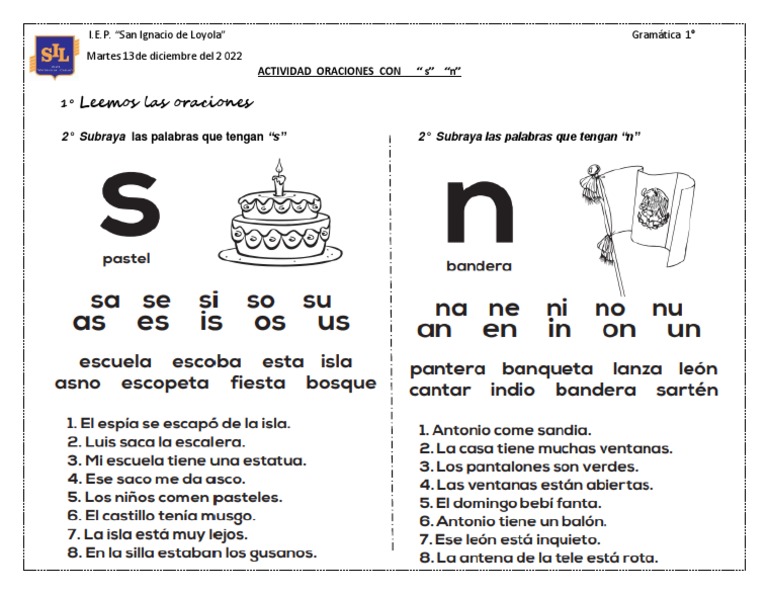 Actividad Oraciones Con L, S Gramática1° | PDF