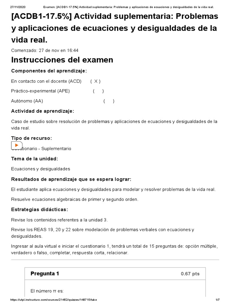 Examen - (ACDB1-17.5%) Actividad Suplementaria - Problemas y Aplicaciones de Ecuaciones y ...