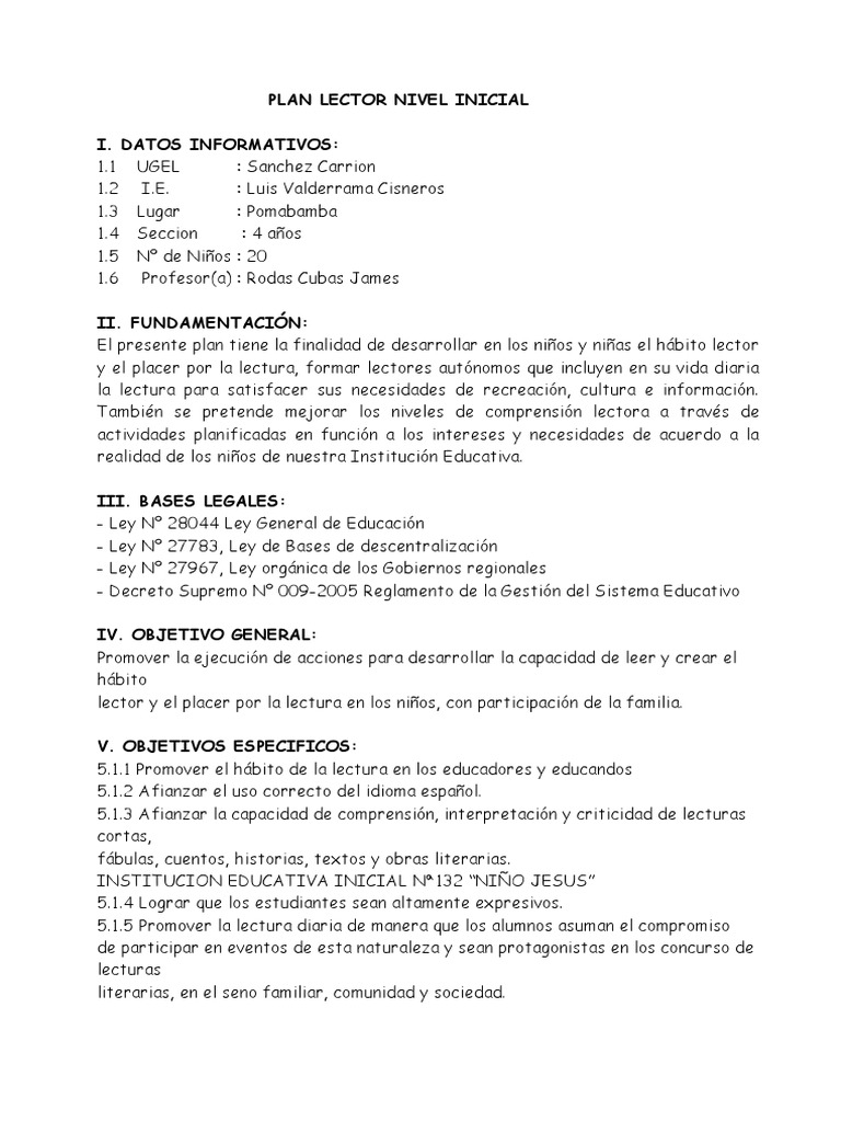 PLAN LECTOR NIVEL INICIAL - James | PDF | Maestros | Comprensión lectora