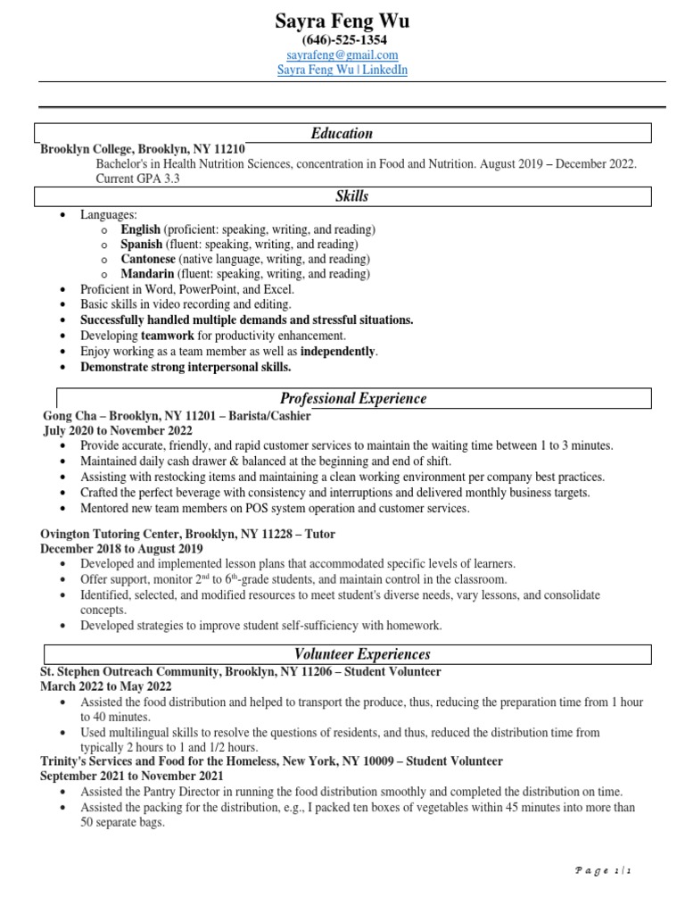 Sayra Feng Wu Resume | PDF | Foods | Fluency