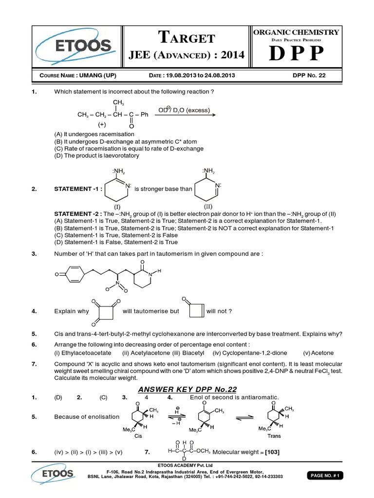 DPP 3 Carbanion & Tautomerism VKP Sir-3687 | PDF | Ketone | Organic Chemistry
