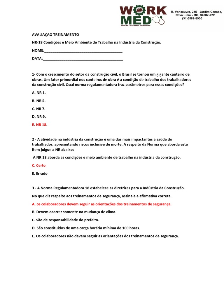 Prova de NR-18 Gabarito | PDF | Ambiente natural