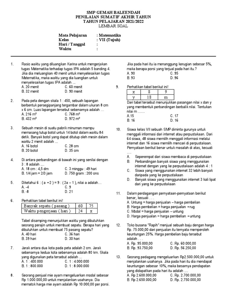 Soal PSAT Matematika Kelas 7 | PDF
