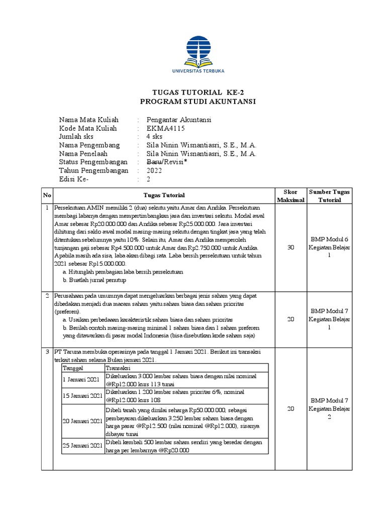 Tugas 2 Pengantar Akuntansi (EKMA4115) | PDF