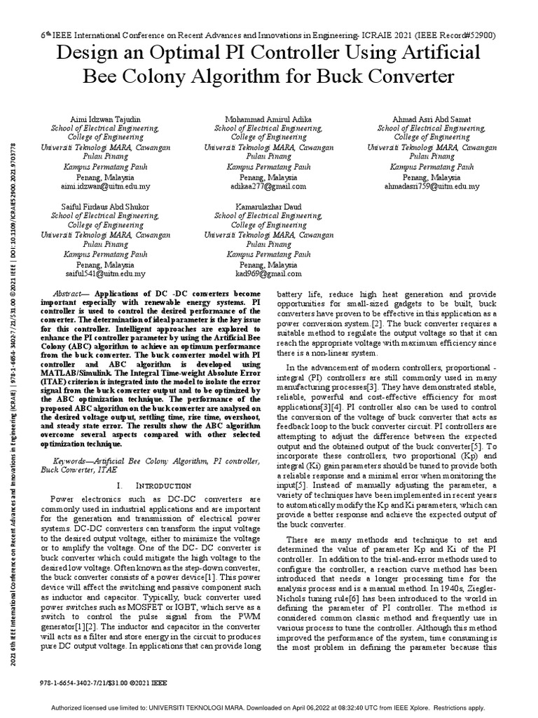 Design An Optimal Pi Controller Using Artificial Bee Colony Algorithm For Buck Converter Pdf 1343