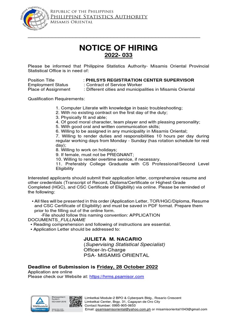 Job Openings at PSA Misamis Oriental | PDF | Résumé