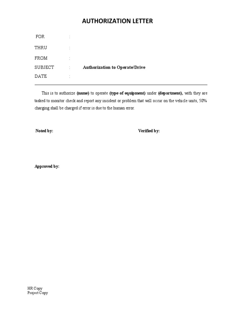 Authorization Letter for Equipment Operation | PDF