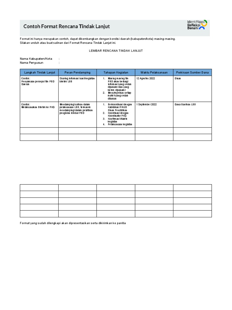 Contoh Format Rencana Tindak Lanjut PAUD | PDF