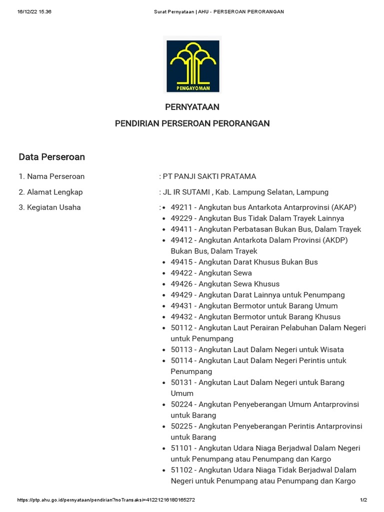Contoh Surat Pendirian PT Perorangan | PDF