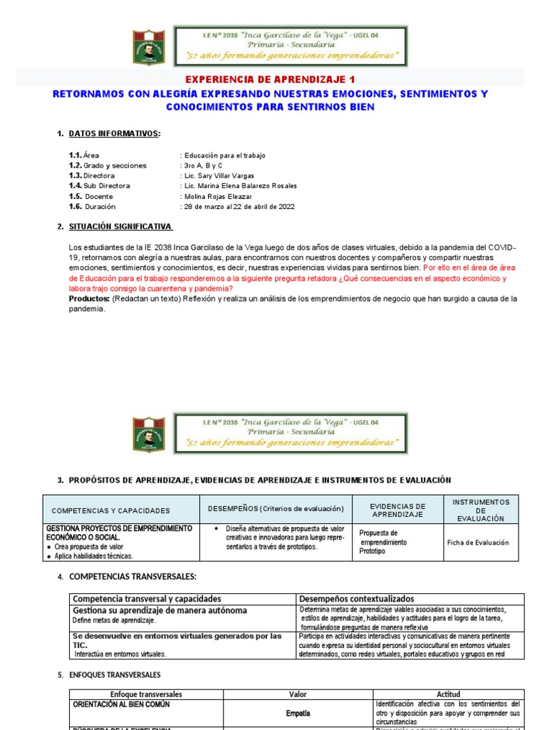Experiencia de Aprendizaje 1 Ept 3ro | PDF | Aprendizaje | Evaluación